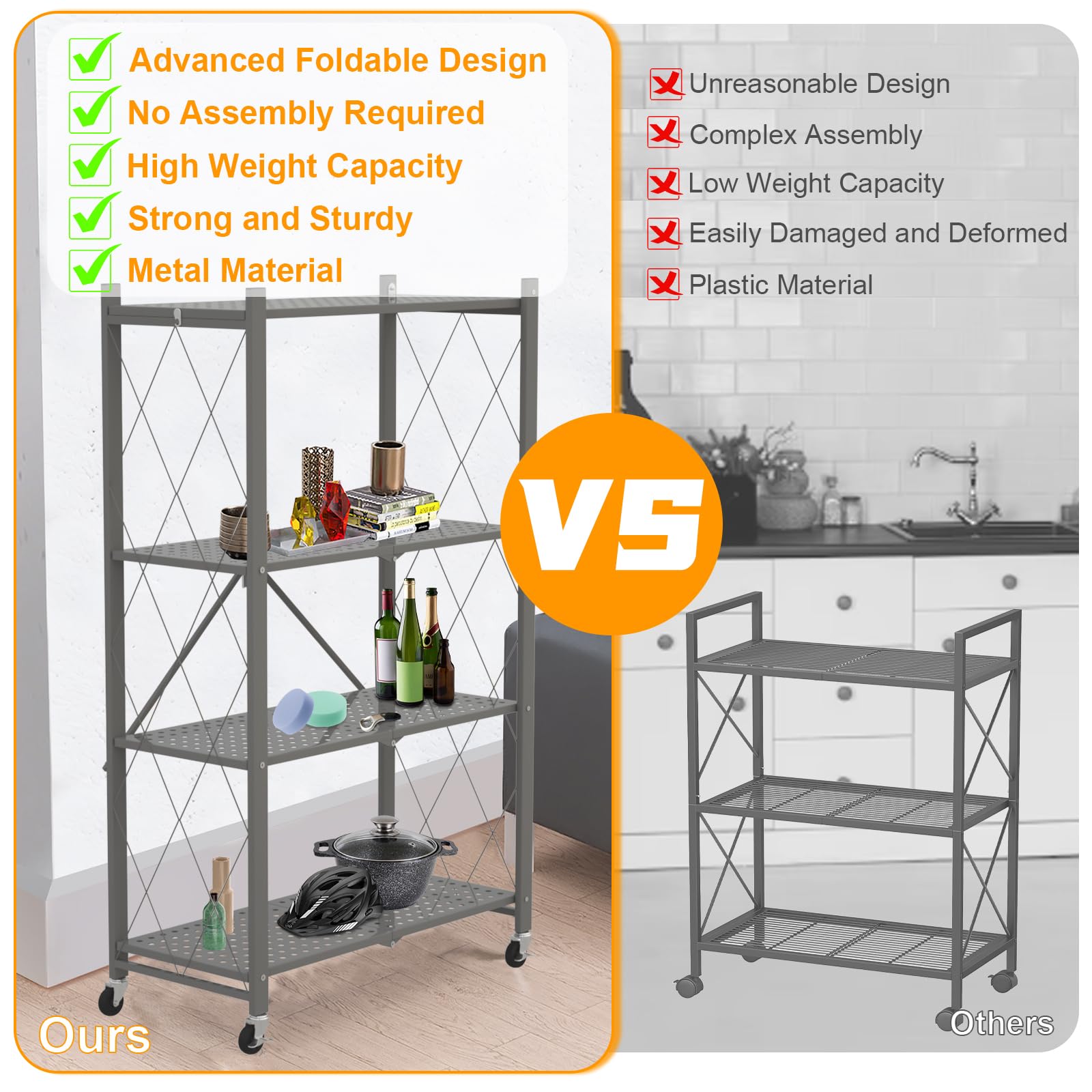 KAERMO 5-Tier Foldable Storage Shelves with Wheels -No Assembly Metal Folding Shelves, Collapsible Shelving Storage Unit Rolling Shelf for Home Garage Kitchen Office (Dark Grey)