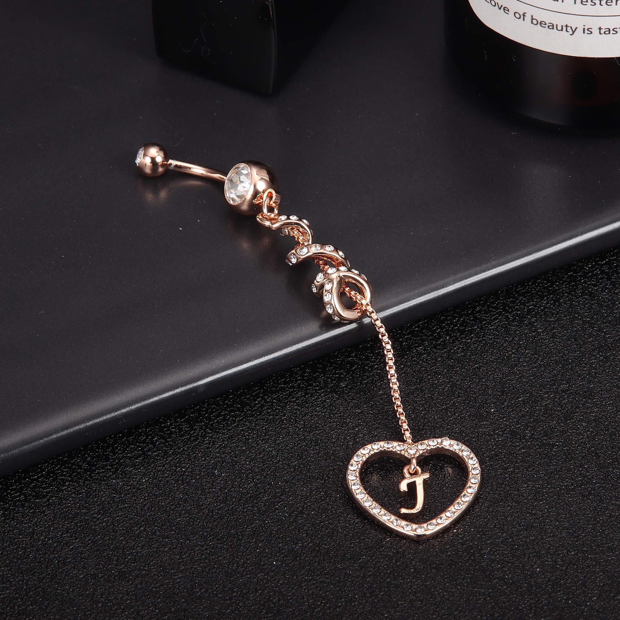 Drperfect 14G Belly Button Ring Dangle with Initials J for Women Rose Gold Plated Navel Ring 316L Stainless Steel Heart Pendant Belly Piercing Jewelry