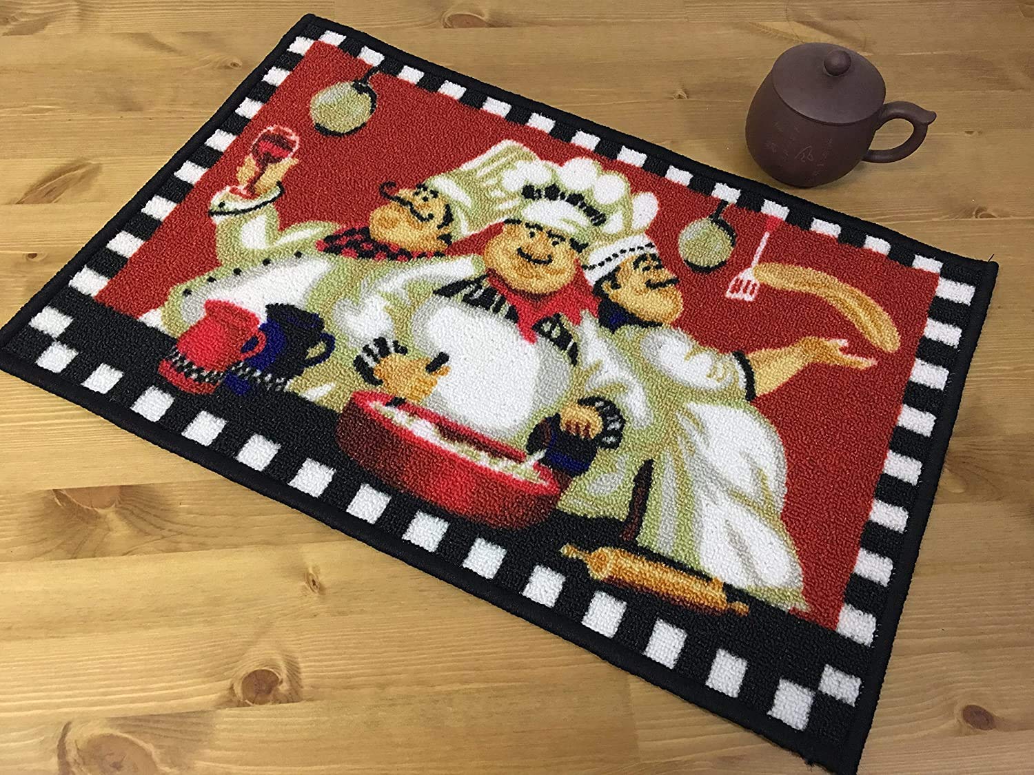 farawamu Fat Chef Kitchen Rugs and Mats, Washable Non Slip Latex Backing Red Kitchen Rugs Door Mats, Funny Chef Decorations for the Kitchen Red