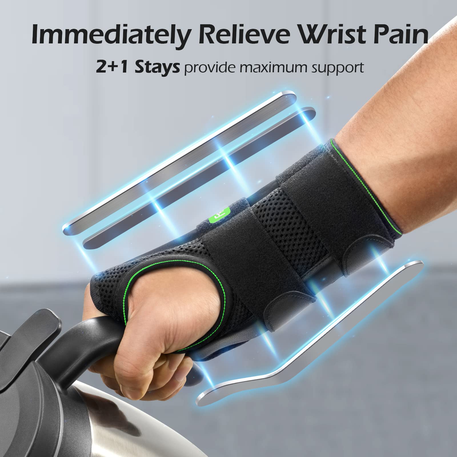 FREETOO Wrist Brace for Carpal Tunnel Relief Night Support , Maximum Support Hand Brace with 3 Stays for Women Men , Adjustable Wrist Support Splint for Right Left Hands for Tendonitis, Arthritis , Sprains, Green (Right Hand, S/M)