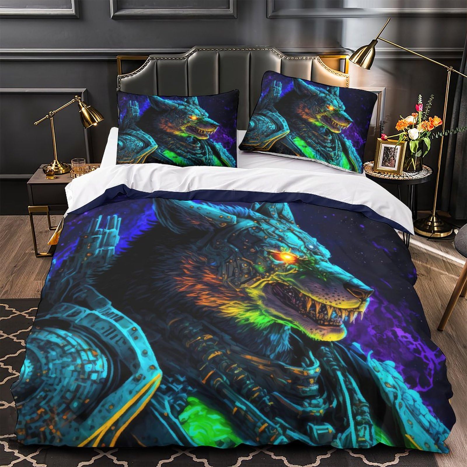 Cosmic Space Wolves Bedding Set Comforter Covers 3D Printed Quilt Cover Duvet Cover with Pillowcases for Childrens and Adults 3 Pieces Microfiber with Zipper Closure Queen(228x228cm)