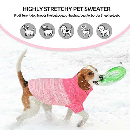 Queenmore Knitted Pullover Dog Sweater, Turtleneck Pet Cat Sweater, Cold Weather Puppy Clothes Stitching Knitwear with Leash Hole for Small Medium Dogs(Pink,L)