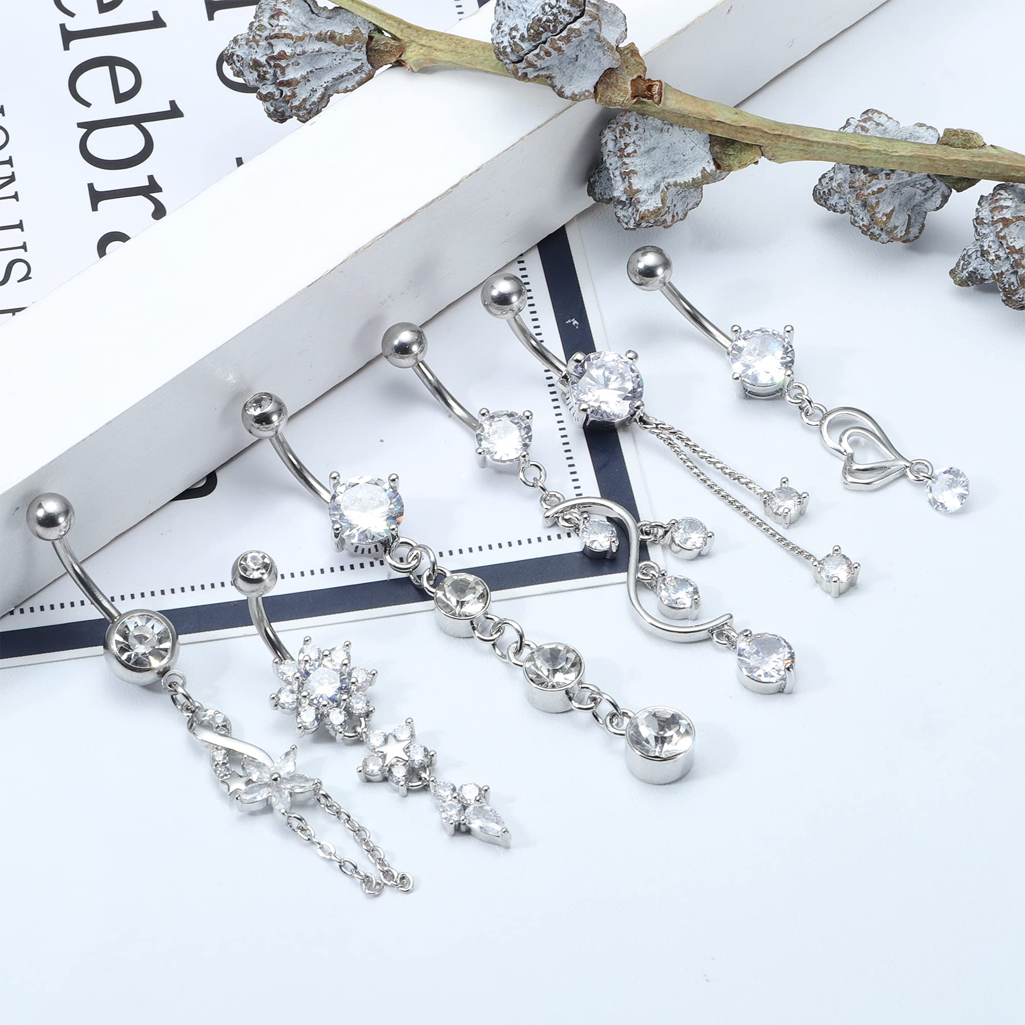 Drperfect 14G Belly Button Rings Dangle for Women Surgical Steel Navel Rings Body Piercing Jewelry