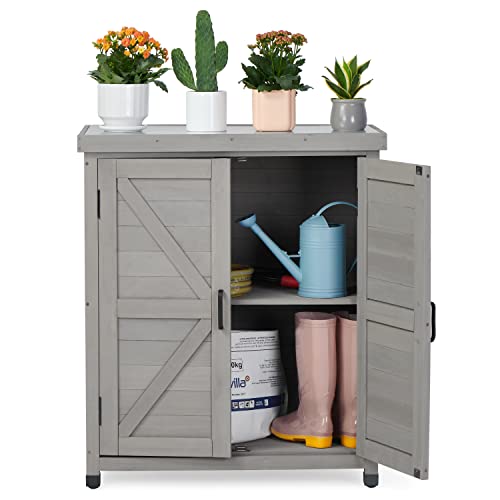 Outdoor Storage Cabinet & Potting Bench Table with Metal Top, Wooden Patio Furniture, Garden Workstation