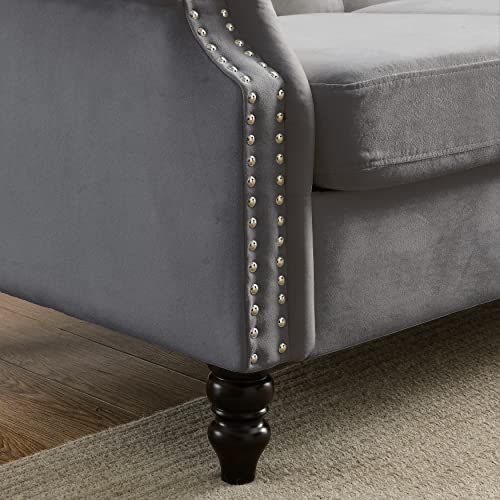 kevinplus 79" Velvet Chesterfield Sofa for Living Room, Modern Upholstered Tufted 3 Seater Sofa Tufted Couch with Rolled Arms and Nailhead for Living Room Bedroom Office Apartment, 2 Pillows, Grey