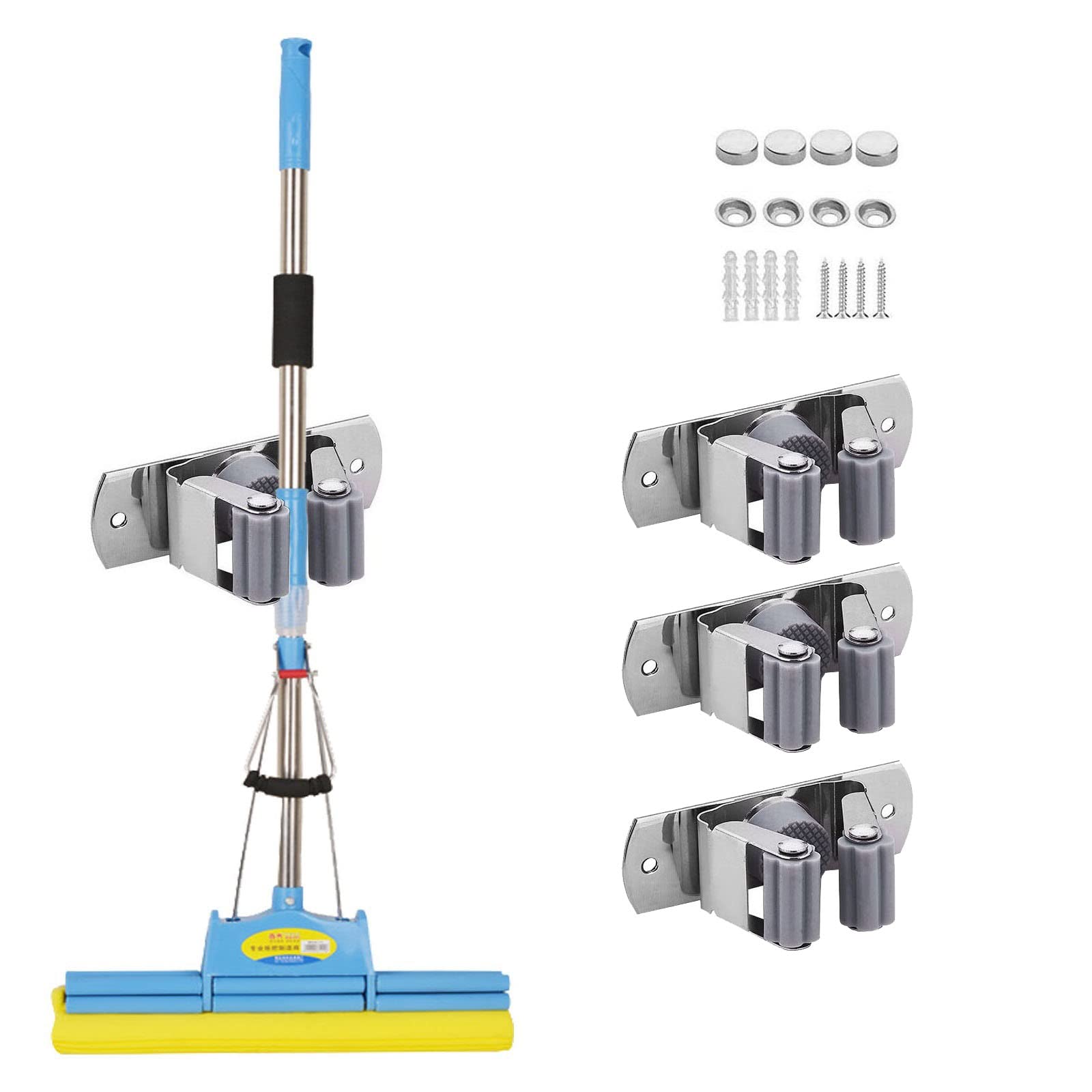 Mokife Mop Broom Holder Wall Mounted Heavy Duty, 4 Pack Stainless Steel Self Adhesive Tools Storage Organizers for Utility Room, Kitchen, Bathroom, Garage, Laundry, Garden and Office