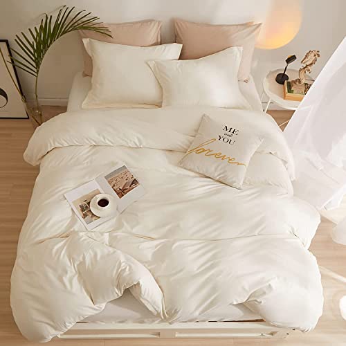LifeTB Cream White Microfiber Duvet Cover Set Twin / 3 Piece Cream White Cooling Sheets Set Twin (1 Duvet Cover, 2 Pillowcases / 1 Flat Sheet, 1 Fitted Sheet, 1 Pillowcase)