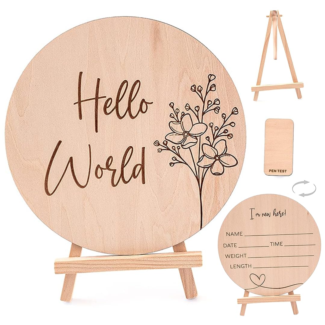 Hello World Newborn Sign, Baby Birth Announcement Sign, Wooden Baby Announcement Sign, Birth Announcement Sign for Hospital or Newborn Photo Props, Hospital Gift for New Parents and Expecting Mothers