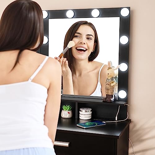Quimoo Vanity Desk with Mirror and 10 LED Lights, Makeup Vanity with Charging Station and 4 Drawers Chest & Shelves, Vanity Set, Vanity Table with Cushioned Stool, for Bedroom, Black