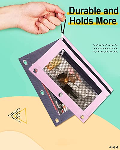 Pencil Pouch for 3 Ring Binder, 2 PCS Double Layer Binder Pencil Case with Zipper Puller, Transparent PVC Mesh Window Oxford Pencil Holder 3 Ring Binder Pencil Cases, Smooth Metal Zipper Pencil Pouches Set for School& Office Supplies