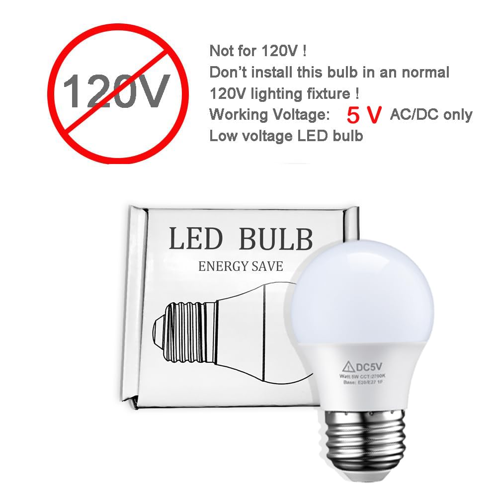TIMEGOA Safety Low Voltage 5V 5W 3-Way Dimmable LED Light Bulb, G45 E26 E27 Base Energy-Saving Bulb, 60W Equivalent, 400 Lumens A19 Bulb, 3000K LED Bulb, 2 Pack