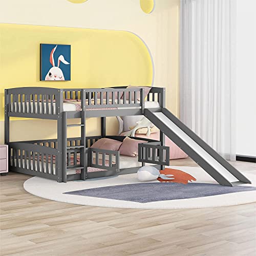 Harper & Bright Designs Low Bunk Beds Full Over Full, Wood Kids Bunk Bed with Slide, Fence and Ladder, Full Size Bunk Beds for Girls Boys, Grey