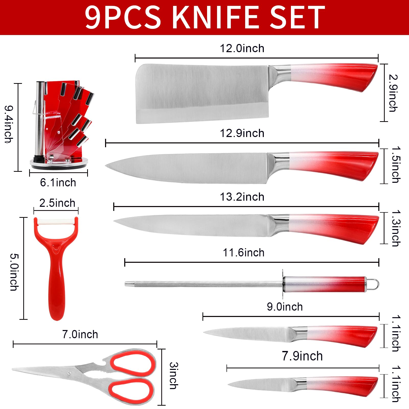 Kitchen Knife Set, 9-Piece Red Knives Set for Kitchen, Non Stick Sharp Stainless Steel Chef Knife Set with Block Sharpener, Ideal for Kitchen Decor (Red)