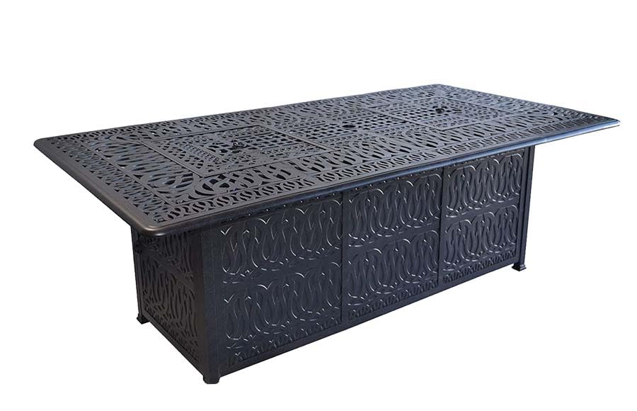Sunvuepatio 7 Piece Outdoor Cast Aluminum Dining Set with Fire Pit Table All Swivel Rocker Chairs.