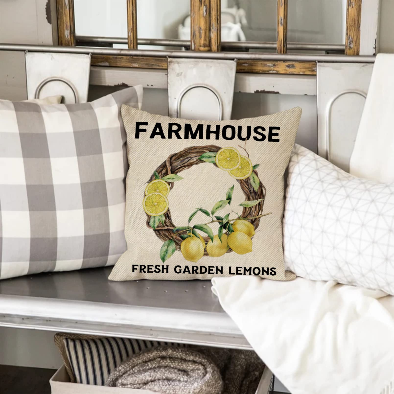 Softxpp Fresh Garden Lemons Wreath Decorative Farmhouse Throw Pillow Cover, Spring Summer Cushion Case Cotton Linen, Seasonal Home Decorations Square Outside Pillowcase Decor Sign for Sofa Couch 18x18