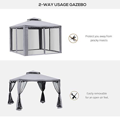 Outsunny 10' x 10' Patio Gazebo Outdoor Canopy Shelter with 2-Tier Roof and Netting, Steel Frame for Garden, Lawn, Backyard and Deck, Grey