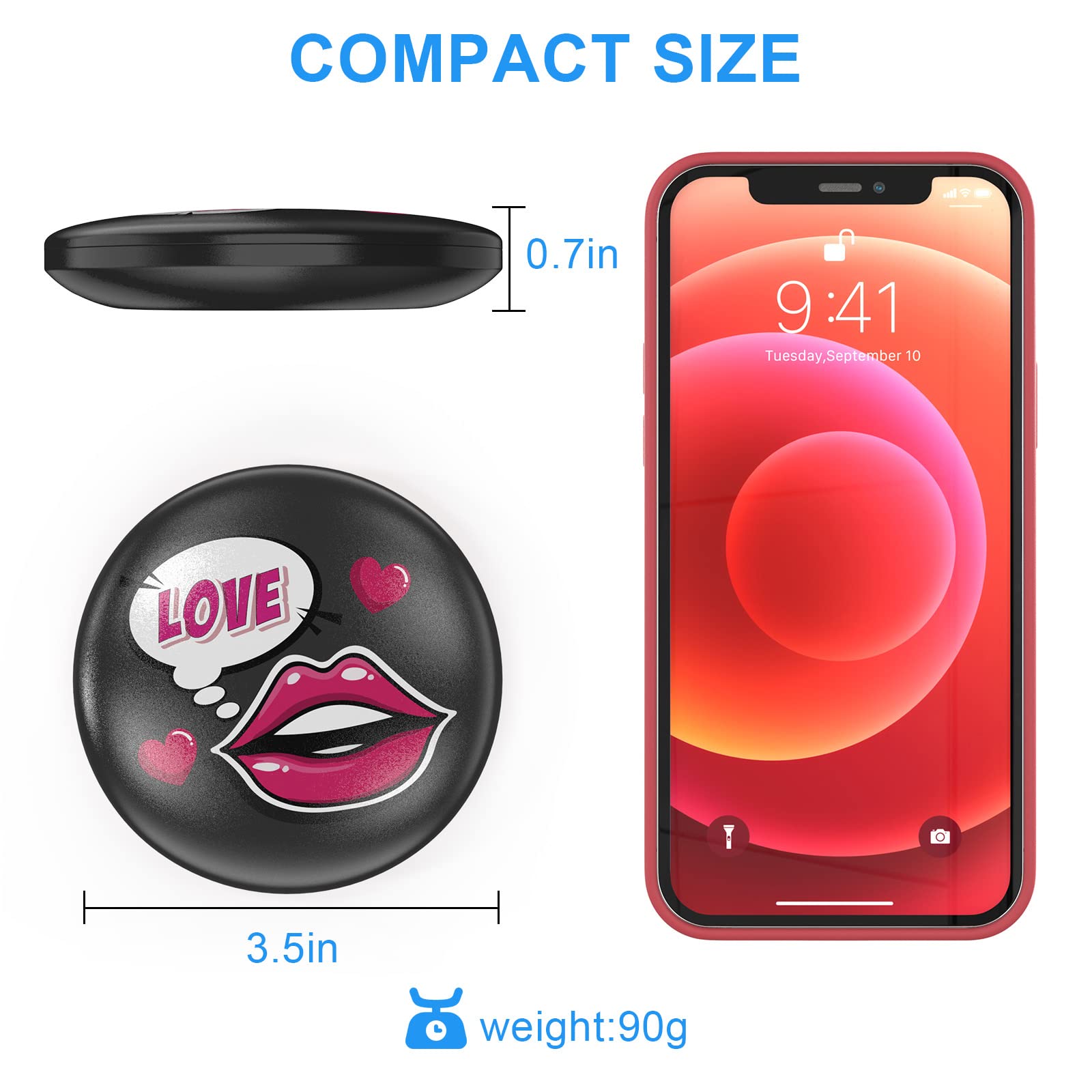 Hensam Touch Dimmable Pocket Mirror,1X/10X Magnification, LED Lighted Compact Mirror,Rechargable,2-Sided,Handheld,Travel Makeup Mirror,3.5in,Black