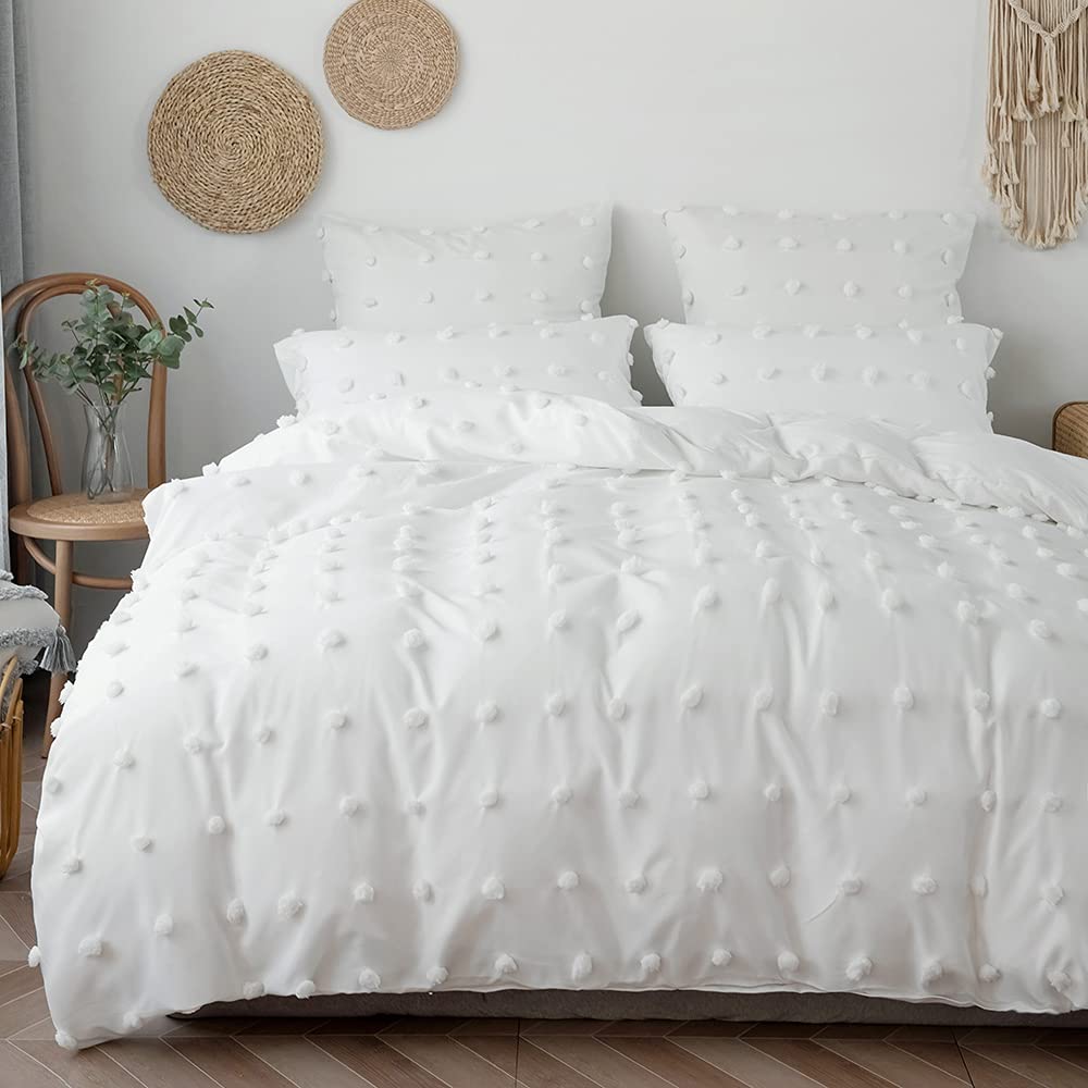 Uthem Tufted Duvet Cover Full Size (79x90 inch),3 Pieces - 1 Jacquard Comforter Cover with 2 Pillowcase,Chenille Dots All Season Soft Washed Microfiber Bedding Set with Zipper Closure,White