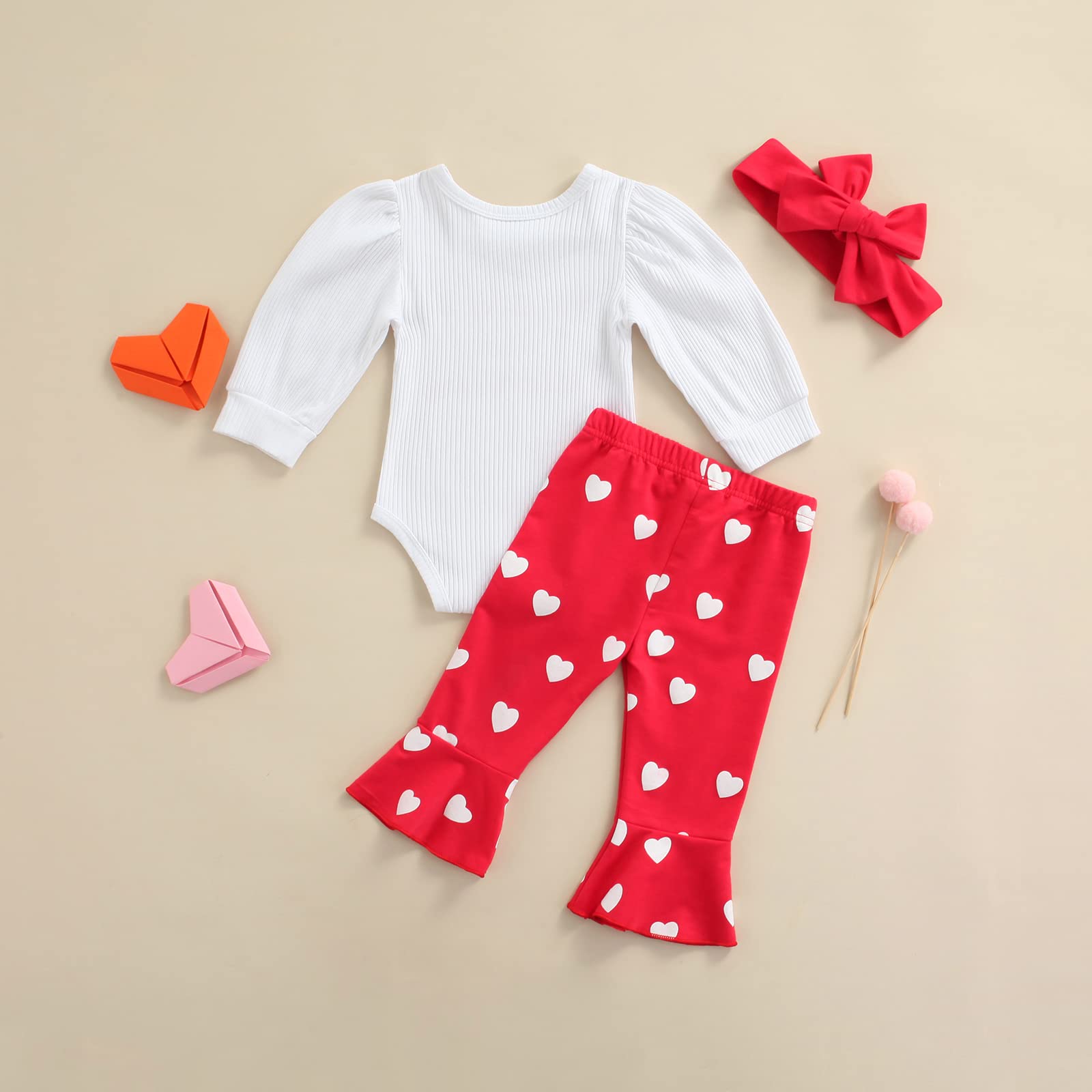 Sunwittafy Toddler Baby Girl Daddy's Little Valentine Clothes Letter Romper Puff Sleeve Romper Heart Print Flared Pants Headband