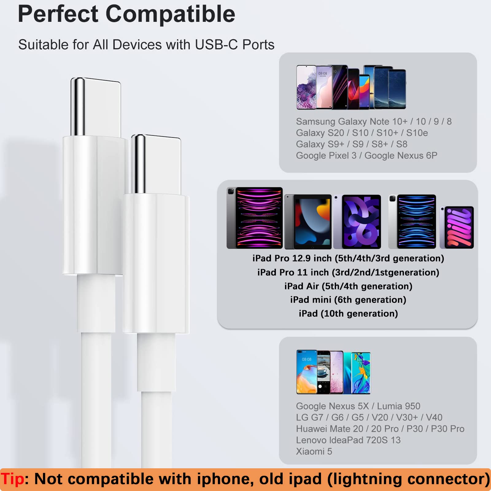 GKW i Pad Charger Fast Charging Long Cord for iPad Pro 13/12.9/11 inch M4,for iPad Air 6th M2/5th/4th,for iPad 10th Generation,for iPad Mini 6, 10ft USB C to C Cable and USBC Block 20W, 3Pack White