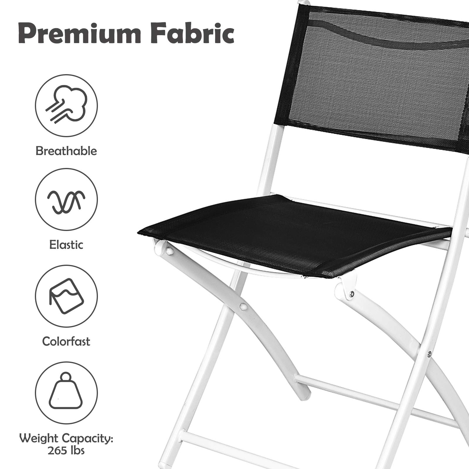 Tangkula 3 Pieces Folding Patio Bistro Set, No Assembly Required, Outdoor Folding Chairs & Table Set with Tempered Glass Tabletop, Outdoor Furniture Set for Garden, Poolside & Backyard (Black)