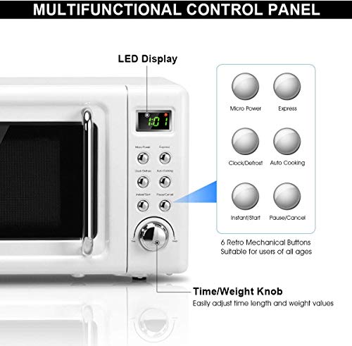 Moccha Compact Retro Microwave Oven, 0.7Cu.ft, 700-Watt Countertop Microwave Ovens w/5 Micro Power, Delayed Start Function, LED Display, Child Lock (White)
