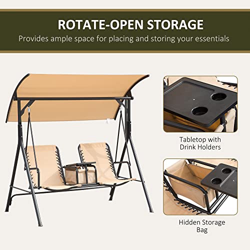 Outsunny 2-Seat Patio Swing Chair, Outdoor Canopy Swing Glider with Pivot Storage Table, Cup Holder, Adjustable Shade, Bungie Seat Suspension and Weather Resistant Steel Frame, Beige
