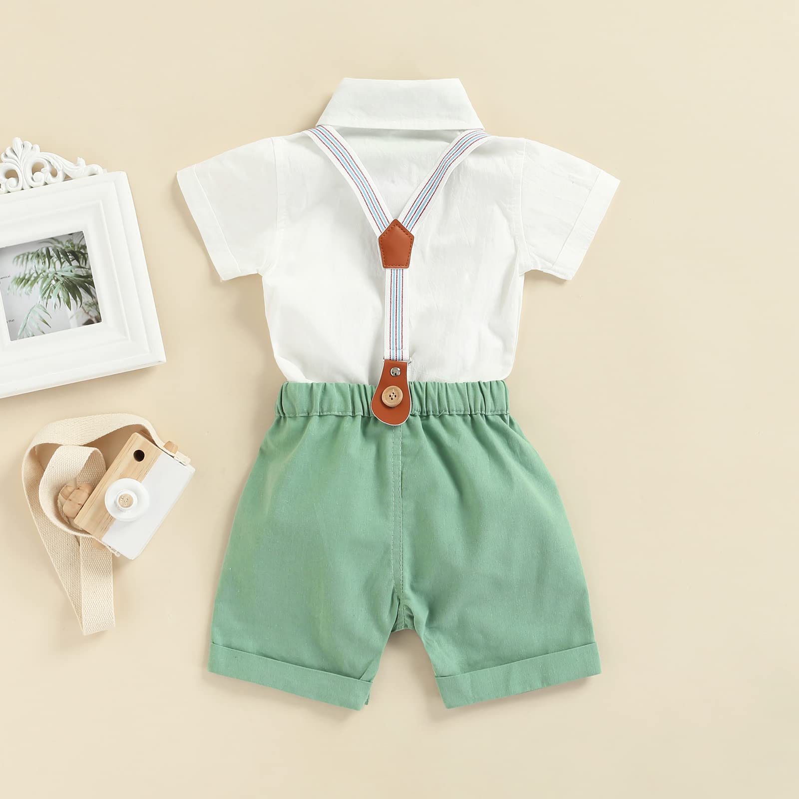 Qiylii Infant Baby Boys Short Sleeve Bowtie Buttons Bodysuit Shirts Suspender Shorts Casual Summer Clothes (Green, 3-6 Months)
