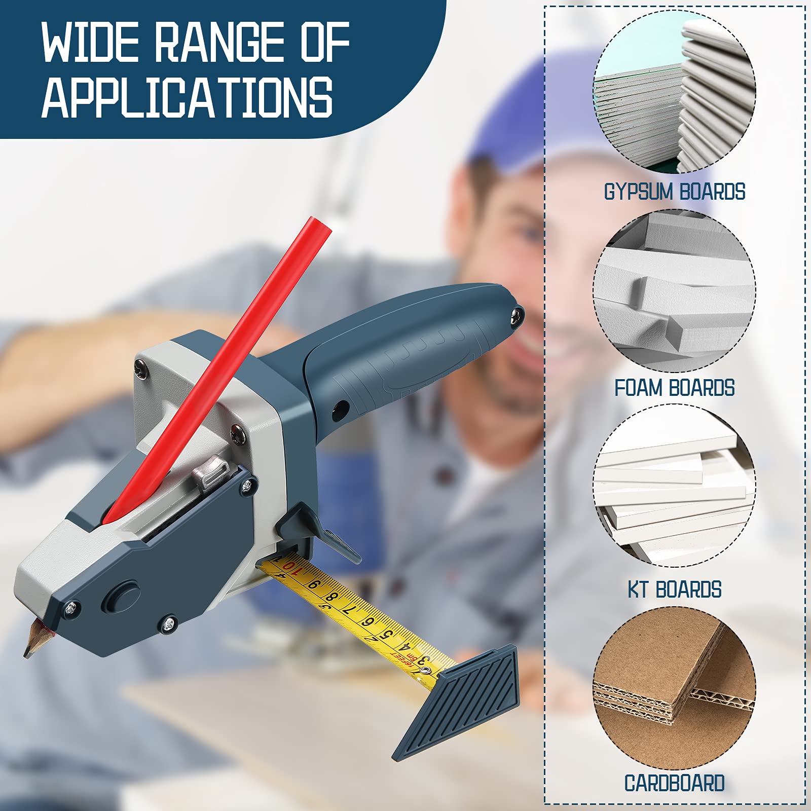 Gypsum Board Cutting Tool Multifunctional Woodworking Panel Cutter with Tape Measure kt Board Cutting Tool Kit Includes 1 Gypsum Board Cutter, 1 Pencil and 5 Blades