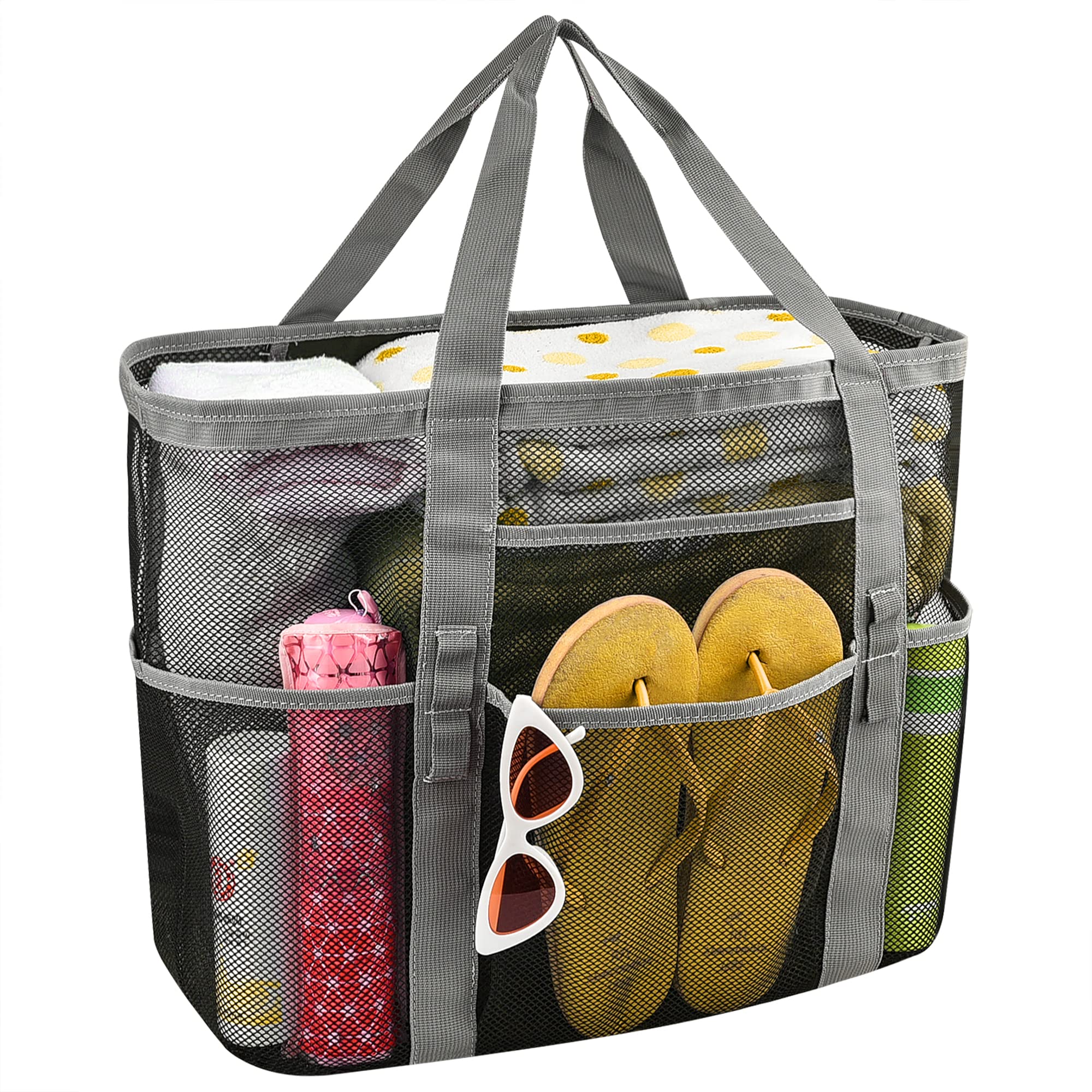 Extra Large Mesh Tote Bag with Multiple Pockets, Heavy Duty Beach Bag for Family Trip Camping Swimming