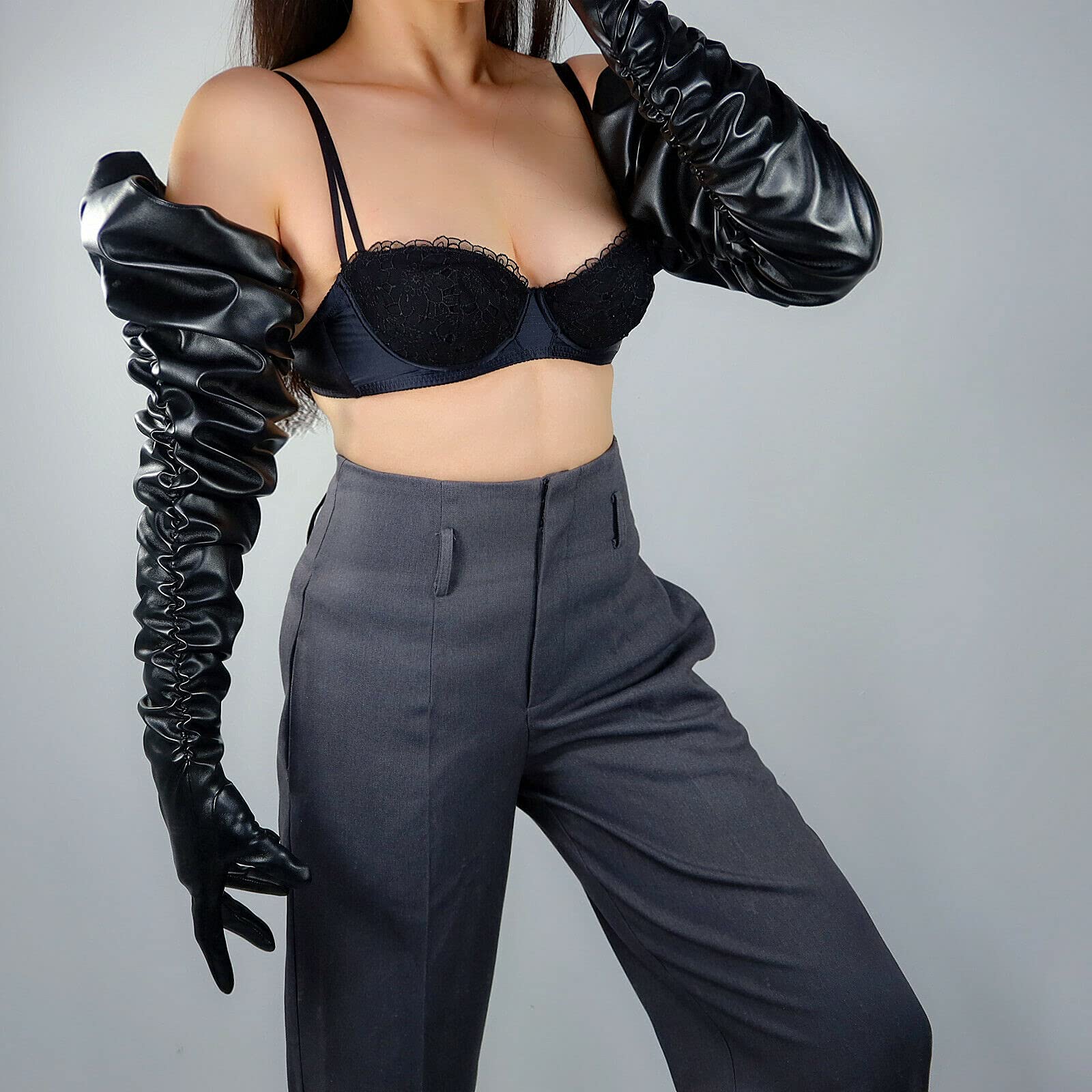 DooWay Fashion Super Long Leather Gloves Black Touchscreen Puff Ruched Sleeve Shoulder Length 40" Oversize Adult Unisex