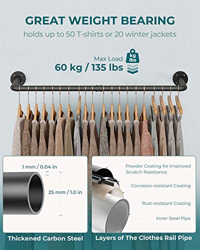 OROPY Industrial Pipe Clothes Rack Wall Mounted Set of 2, 38.4 inches Heavy Duty Iron Pipe Clothing Garment Rail, Multi-Purpose Clothing Hanging Rod for Laundry Room and Closet Storage