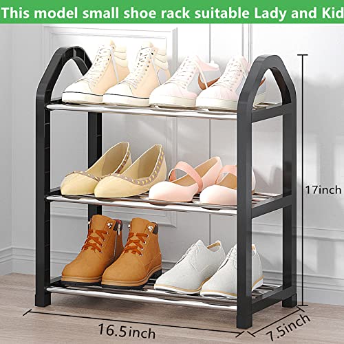 Small Shoe Rack For Entryway,3 Tier Narrow Shoe Shelf For Closet Free Standing Black Vertical Shoe Stand Mini Shoe Holder Small Space Shoes Shelves Shoe Organizer Storage Corner Floor Shoerack