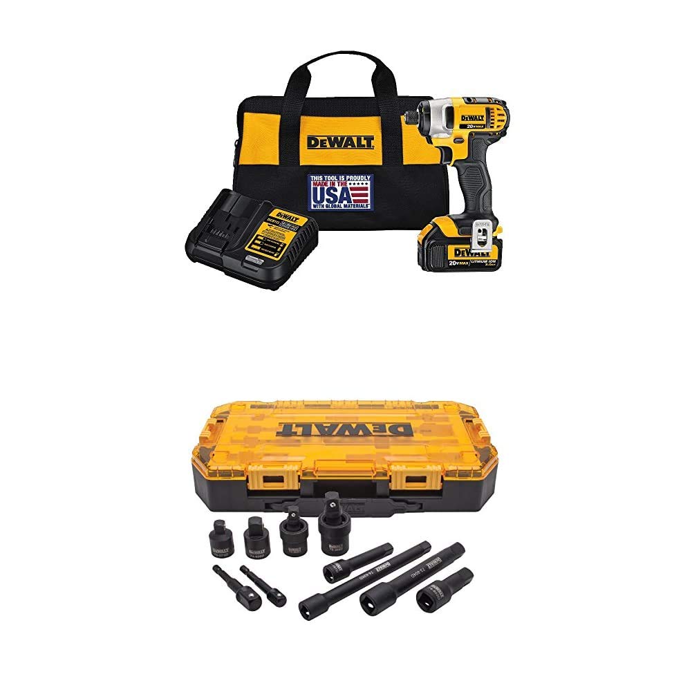 DEWALT 20V MAX Impact Driver Kit, 1 Battery with Socket Adapter Set, 10-Piece, 3/8" & 1/2" Drive, Metric (DCF885L1 & DWMT74741)