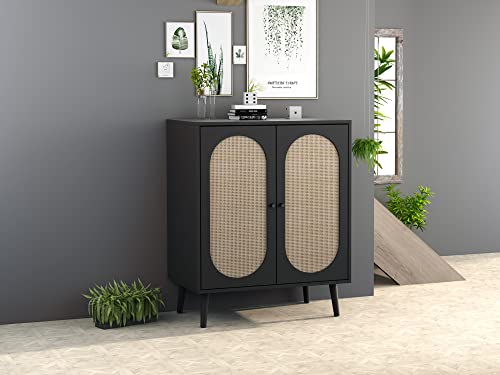 ORRD Sideboard Buffet Cabinet, High Kitchen Storage Cabinet with Rattan Doors and Adjustable Shelves, Accent Home Furniture for Living Room, Bedroom (Black)