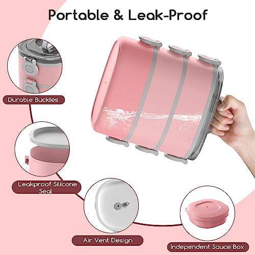 KHOXU Bento Lunch Box, Stackable 3 Layers Bento Box Adult Lunch Box, 94OZ Large Capacity Lunch Containers, Lunch Box Kids with Accessories Kit , Leak-Proof, Food-Safe Materials, Pink