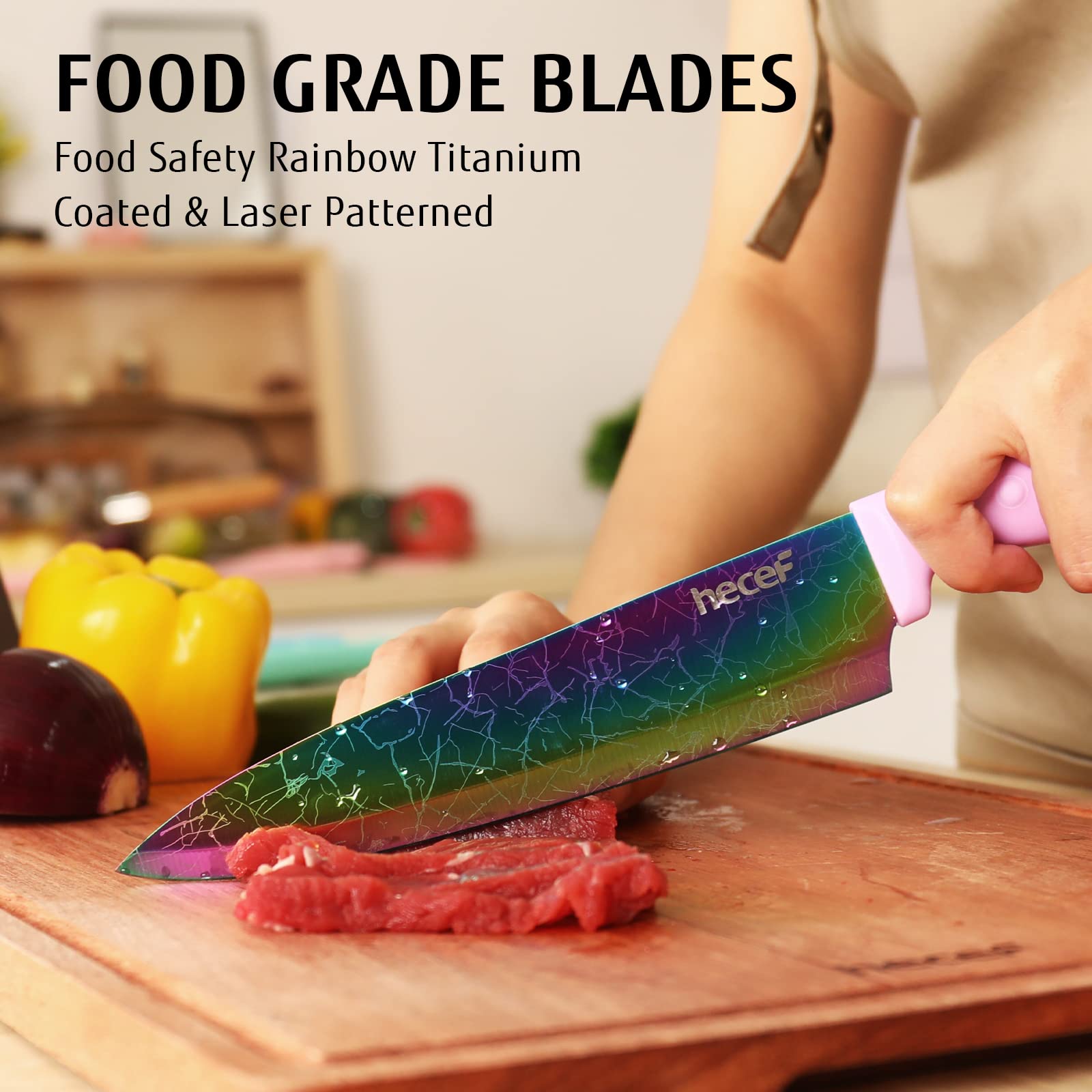 hecef 14 Pieces Knife Set with Block, Rainbow Titanium Knives Set with Laser Pattern, Martensitic Stainless Steel Chef Knife Set with Sharpener, Steak Knife, Scissors, Mothers Day Gift