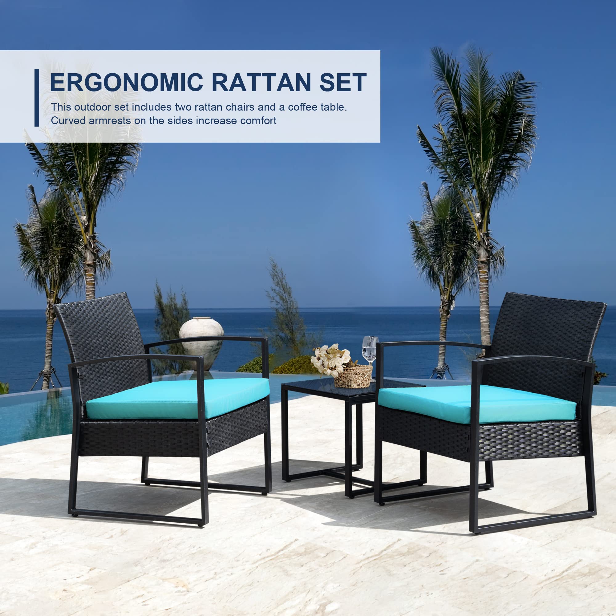 Skyfish 3 Pieces Patio Furniture Set Outdoor Wicker Patio Bistro Set Conversation Rattan Chair Set 3 PCS with Coffee Table for Yard & Bistro (Blue)