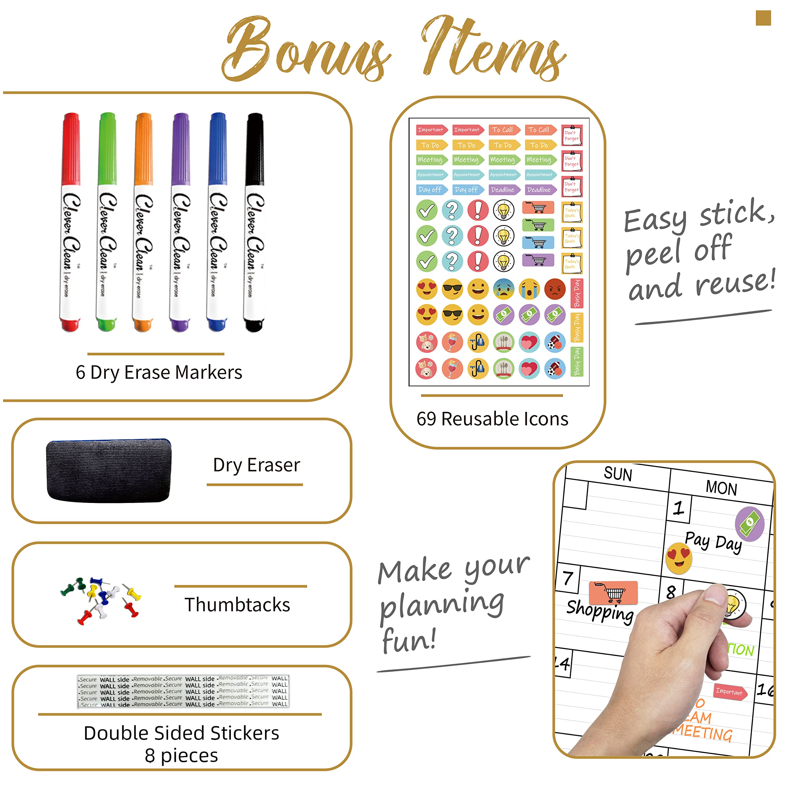 CLEVER CLEAN Large Dry Erase Wall Calendar - 24"x 36" Undated Monthly Calendar for Home, Office, Classroom - Reusable Laminated Task Organizer