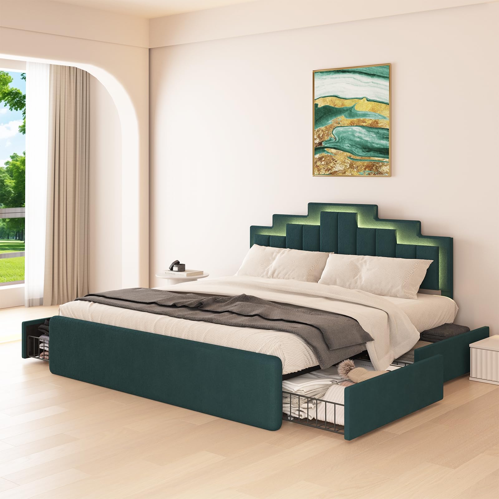Kallabe King Size Bed Frame with 4 Storage Drawers, Upholstered Platform Bed with LED Light and Adjustable Headboard, Wooden Slats Support, No Box Spring Needed, Light Luxury Design,Dark Green