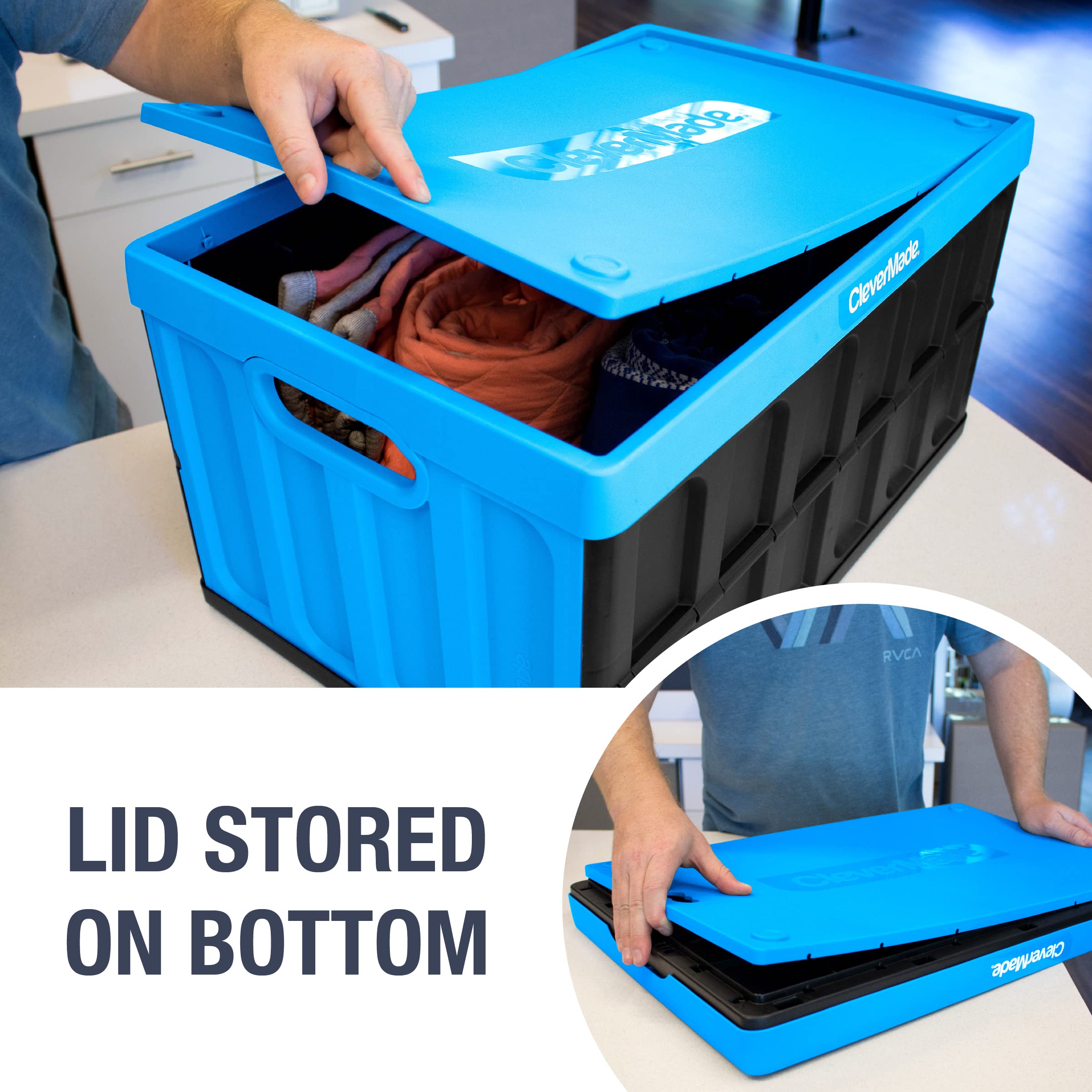CleverMade 62L Collapsible Storage Bins (3 Pack, Tan) NO LID-Stackable Storage Containers & 46L Collapsible Storage Bins with Lids - Folding Plastic Stackable Utility Crates