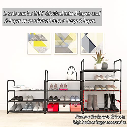 Hockmez Stackable Shoe Rack Organizer 4 Tiers, Expandable & Adjustable Non Woven Fabric Shoe Shelf Storage 12-16 Pairs for Closet Bedroom Entryway (Black)
