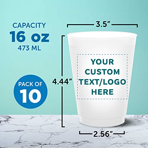 Custom Frosted Plastic Stadium Cups, 10 pack, Promotional Text, Logo, 16 oz. Shatterproof Flexible Reusable Party Cups, Pearl White