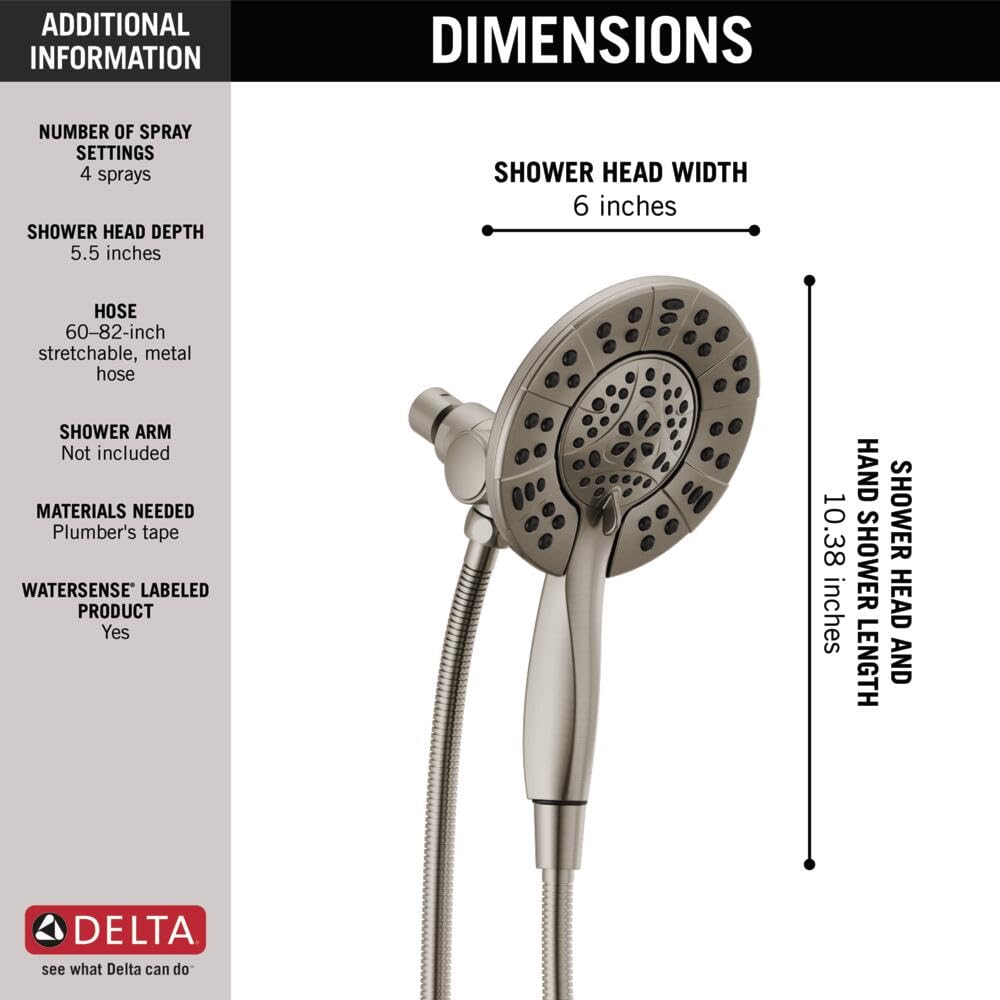 Delta Faucet 4-Spray In2ition Dual Shower Head with Handheld Spray, Brushed Nickel Shower Head with Hose, Showerheads & Handheld Showers, Handheld Shower Heads, Stainless 58499-SS