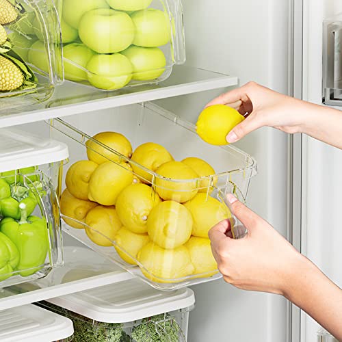 Iuhan Large Fridge Storage Containers Produce Preservation, Stackable Refrigerator Organizer with Handle to Keep Fresh for Produce, Food, Vegetables, Meat and Fish,Clear