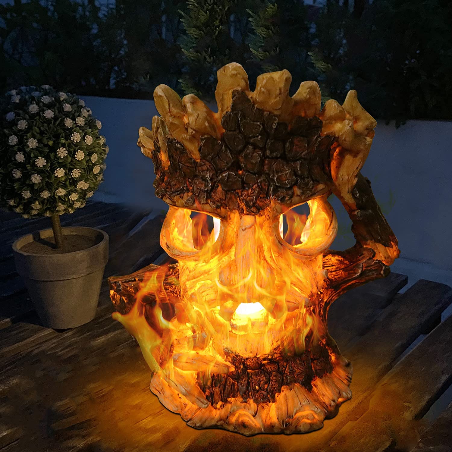 Solar Lanterns Outdoor Tiki Statue Lights Large Stump on Fire Figurine Flickering Flame Solar Halloween Light Waterproof Patio Decoration for Table Deck Garden Yard Lawn Porch Garden Holiday (1 Pack)