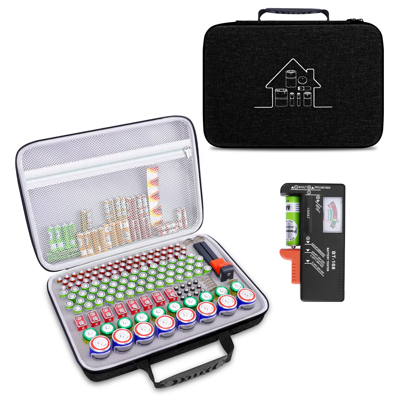HESPLUS Battery Organizer Storage Case, Battery Box Holder Carrying Bag Holds 210+ AA AAA C D 9V 3V Lithium LR44 CR2 CR1632 CR2032 Coin Cell Battery with Battery Tester BT-168(CASE ONLY!) - Black