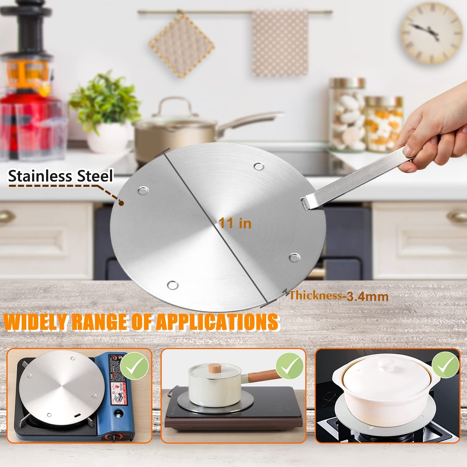 Heat Diffuser Plate for Gas Stove, Gocoffun Stainless Steel Induction Adapter Plate with Removal Handle, for Cookware Simmer Ring Induction Hob Plate Heat Diffuser(11inch)