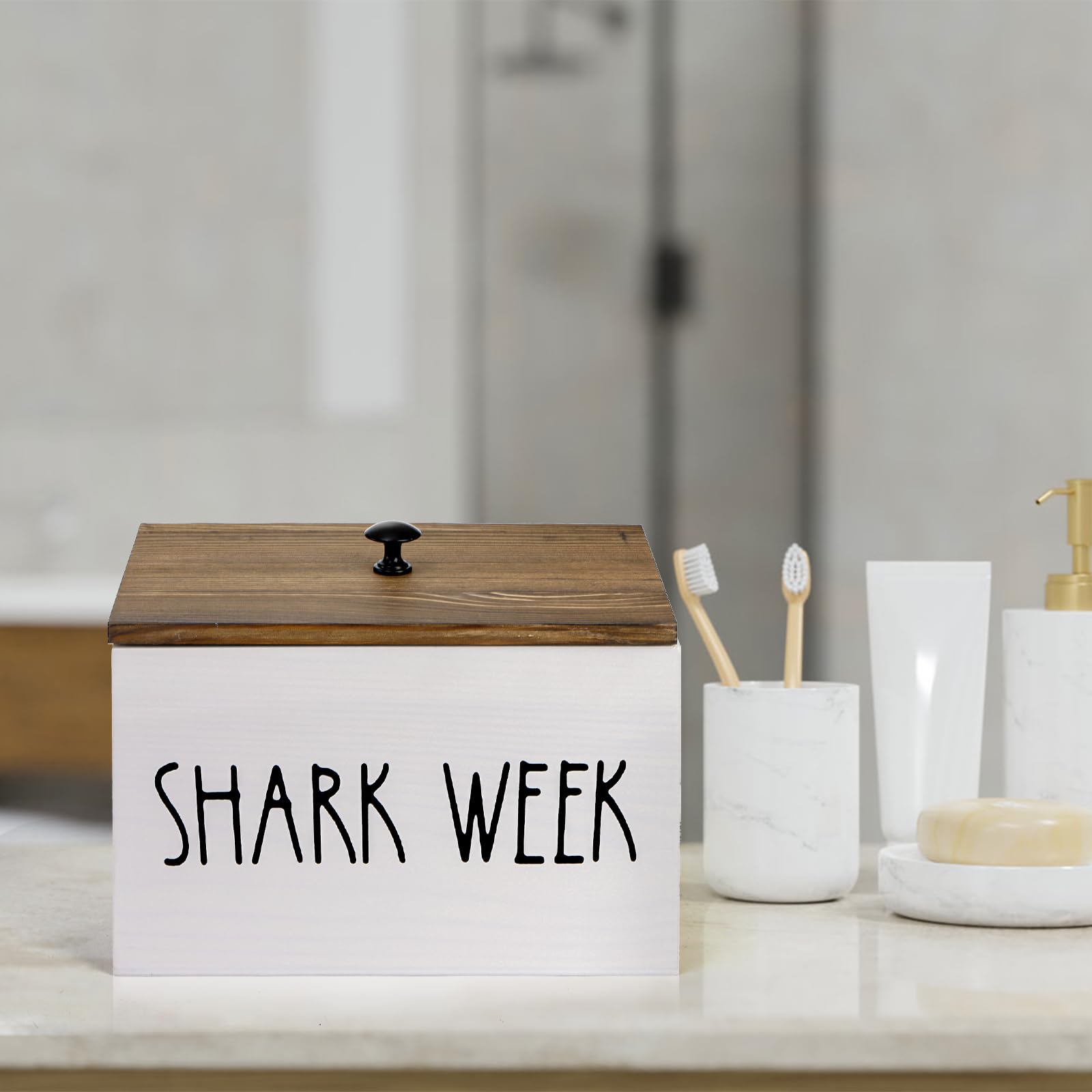 Hacaroa Tampon Holder for Bathroom, Shark Week Tampon Storage Organizer with Lid, Farmhouse Rustic Wood Pad Container Feminine Product Caddy Box for Bathroom Accessories, Movable Partition