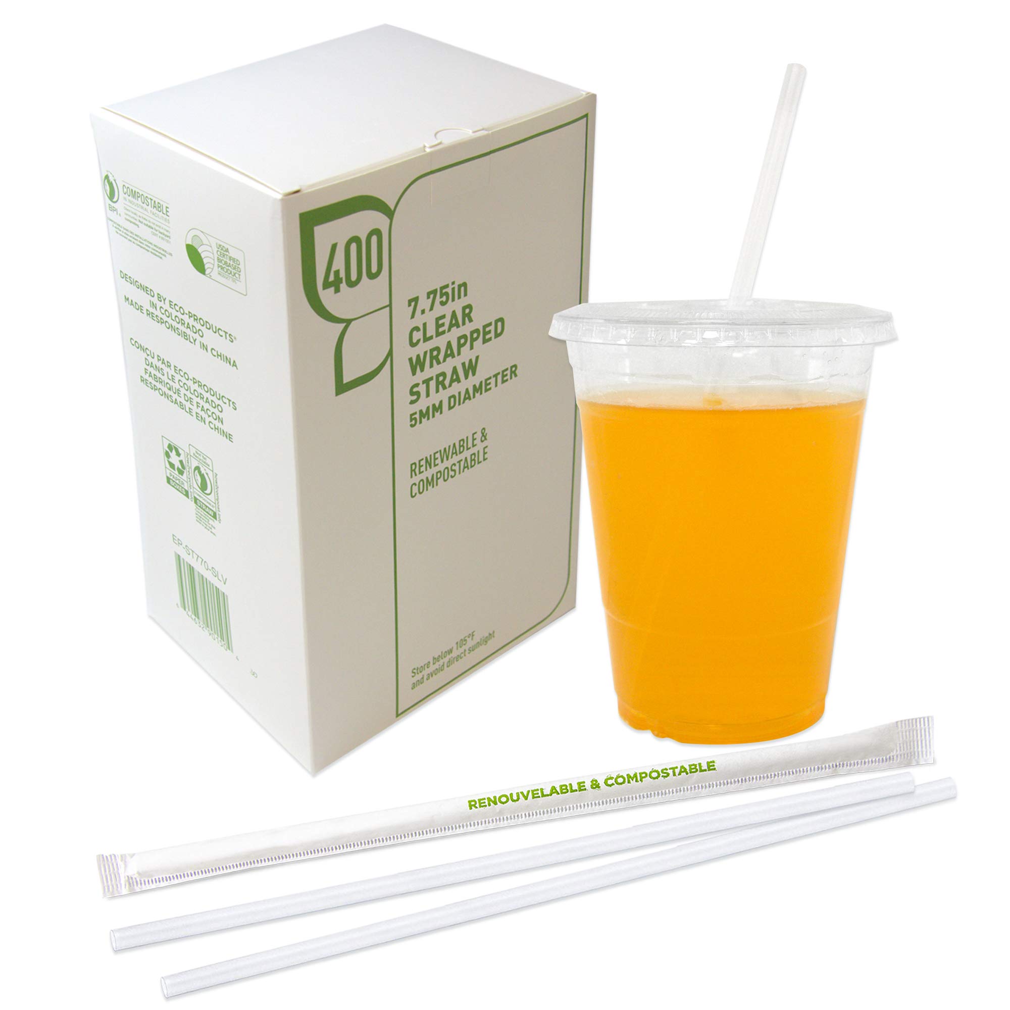 Fit Meal Prep 400 Pack Biodegradable Straws 7.75", Individually Wrapped Compostable Straw, Disposable Clear PLA Straw, 100% Plant Based Straws for Drinks, Iced Coffee, Milkshake, Smoothie, Juice